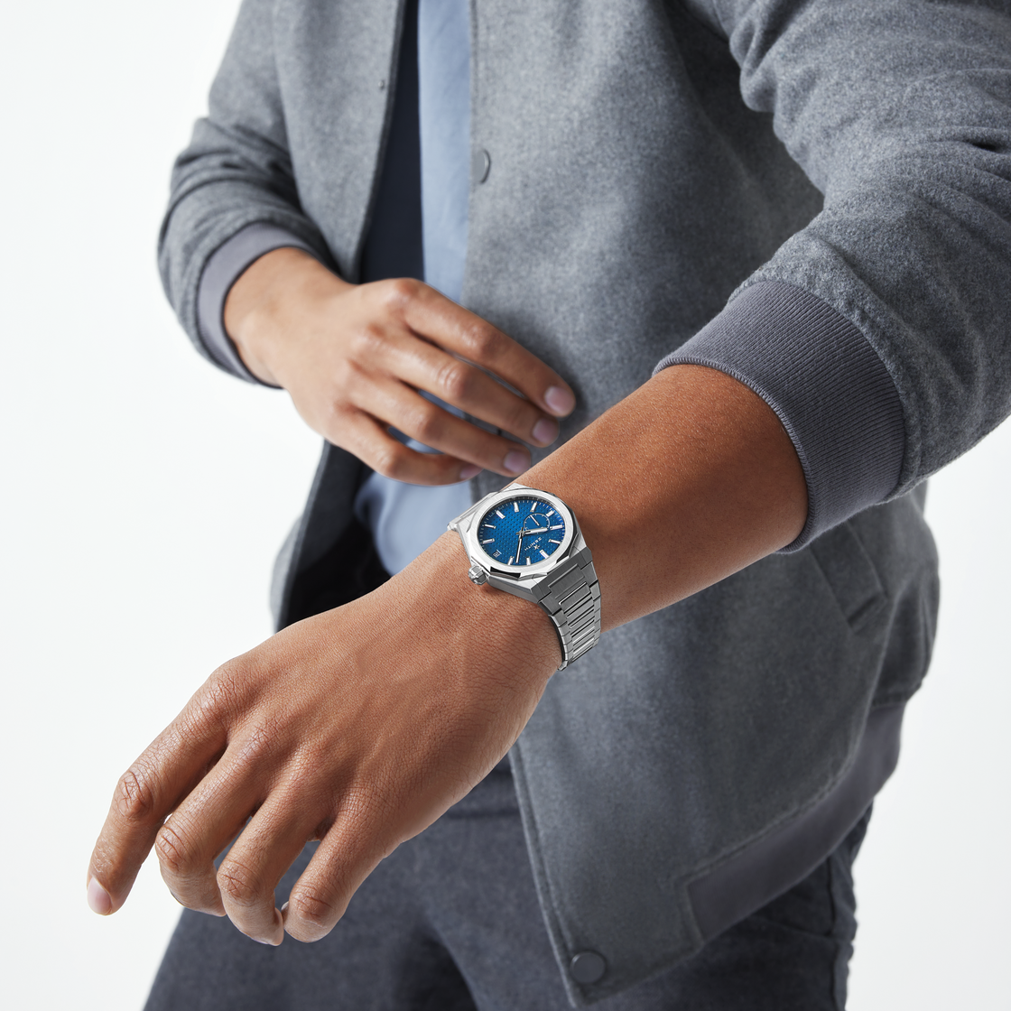 DEFY Skyline steel automatic watch with blue patterned dial and ...